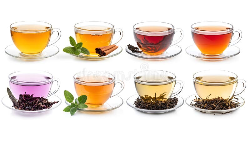 Different Types of Tea in Glass Cups Isolated on White, Set Stock Photo ...