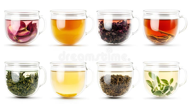 Different Types of Tea in Glass Cups Isolated on White, Set Stock Photo ...