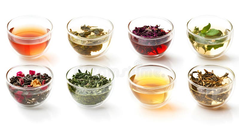 Different Types of Tea in Glass Cups Isolated on White, Set Stock Image ...