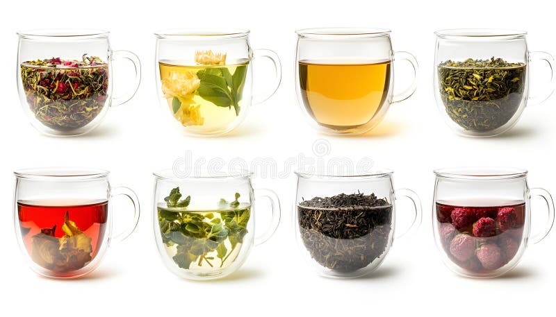 Different Types of Tea in Glass Cups Isolated on White, Set Stock Image ...