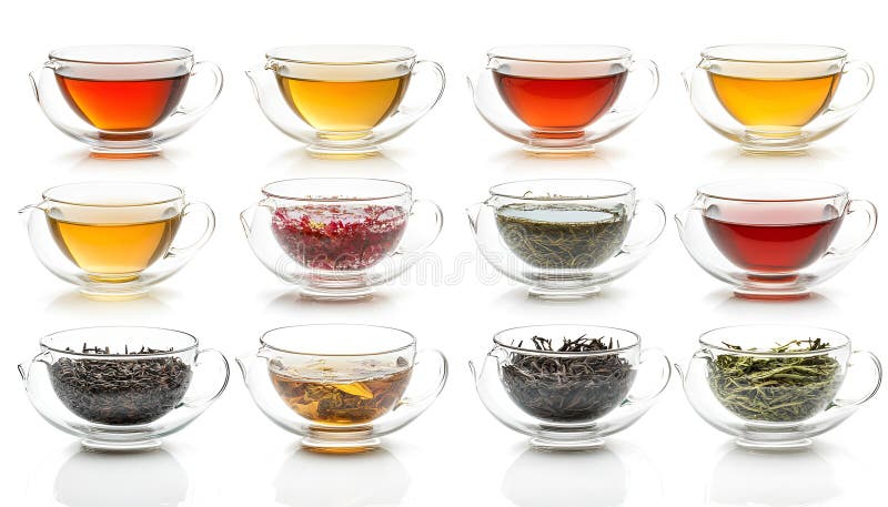 Different Types of Tea in Glass Cups Isolated on White, Set Stock Image ...