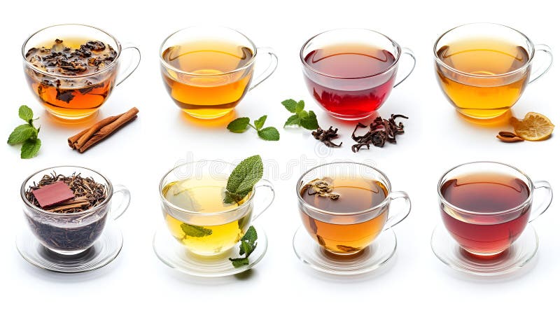 Different Types of Tea in Glass Cups Isolated on White, Set Stock Image ...