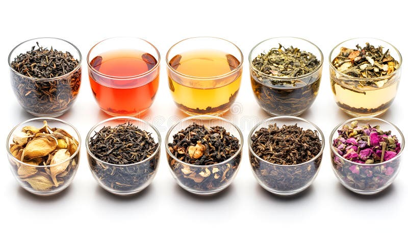 Different Types of Tea in Glass Cups Isolated on White, Set Stock Image ...