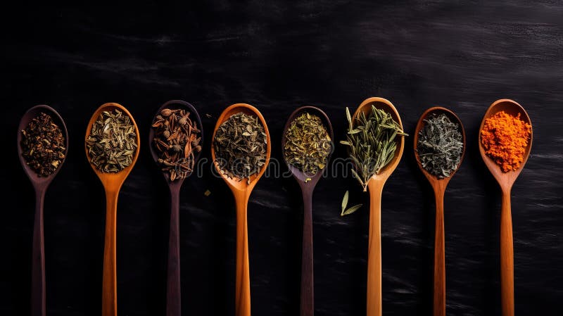 Different Types of Tea and Herbs in Vintage Wood Spoons, Top View on ...