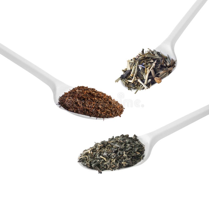 Different Types of Tea on Plastic Spoons Close Up Isolated on White ...