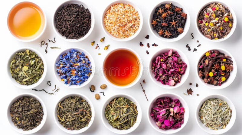 Different Types of Tea in White Ceramic Cups on White Background, Top ...