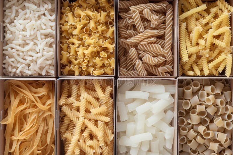 Different Types of Uncooked Pasta Arranged in Boxes. Conceptual ...