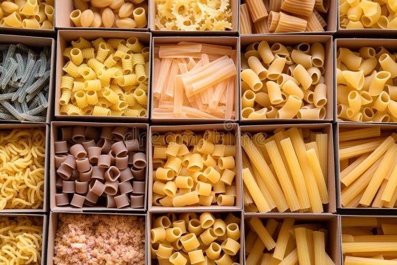 Different Types of Uncooked Pasta Arranged in Boxes. Conceptual ...