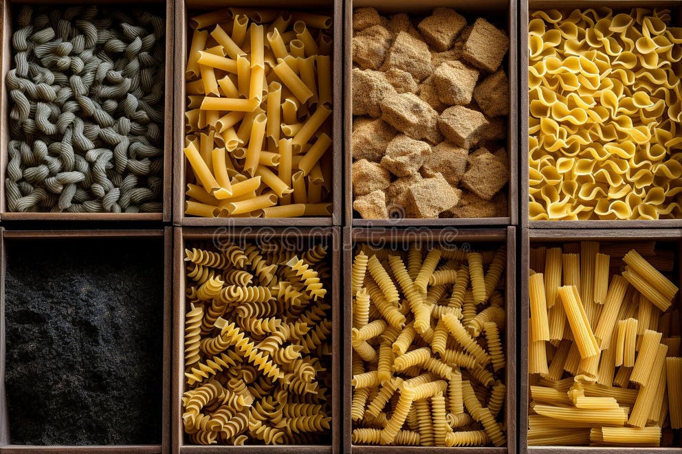 Different Types of Uncooked Pasta Arranged in Boxes. Conceptual ...