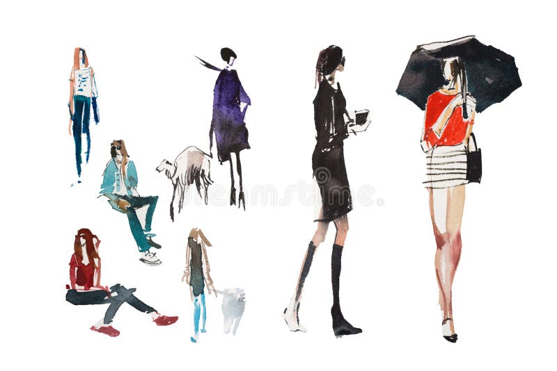 Different Types of Walking People Watercolor Illustration Quick Sketch ...