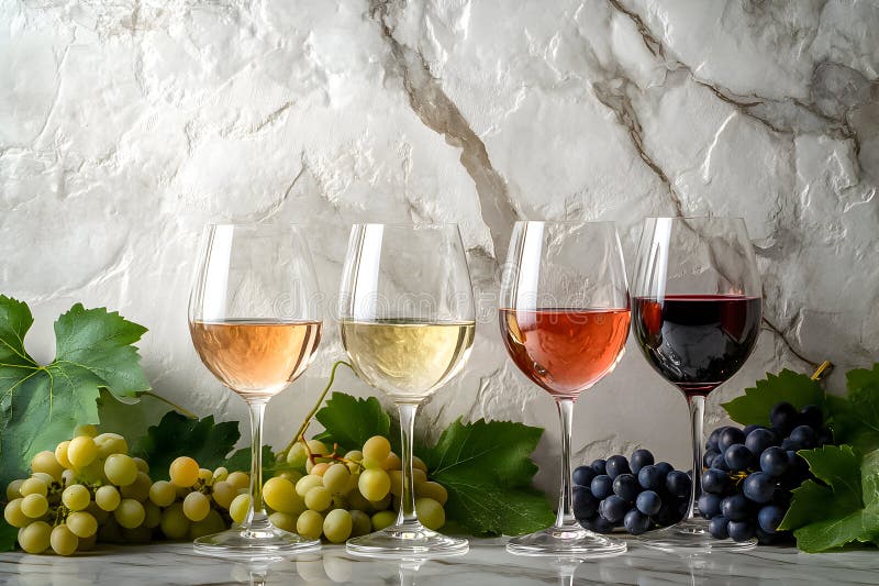 Different Types of Wine Displayed with Fresh Grapes on a Marble ...