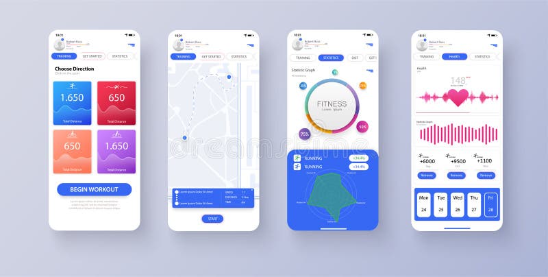 Set of UI, UX, GUI Screens Fitness App Flat Design Template for Mobile ...