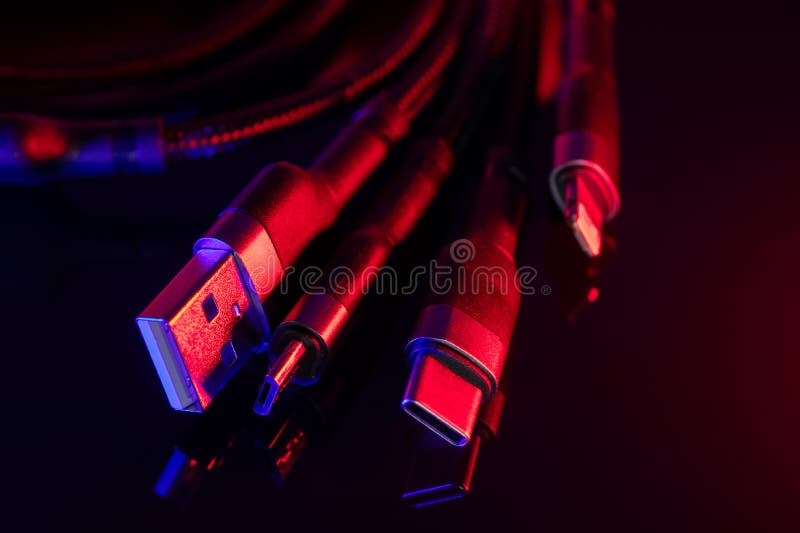 Different USB Charging Plugs Isolated on Dark Background. USB Type C ...