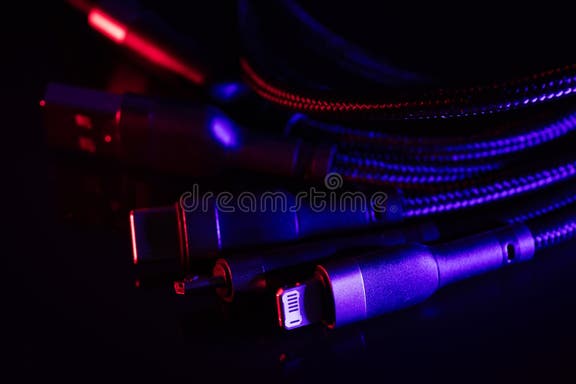 Different USB Charging Plugs Isolated on Dark Background. USB Type C ...