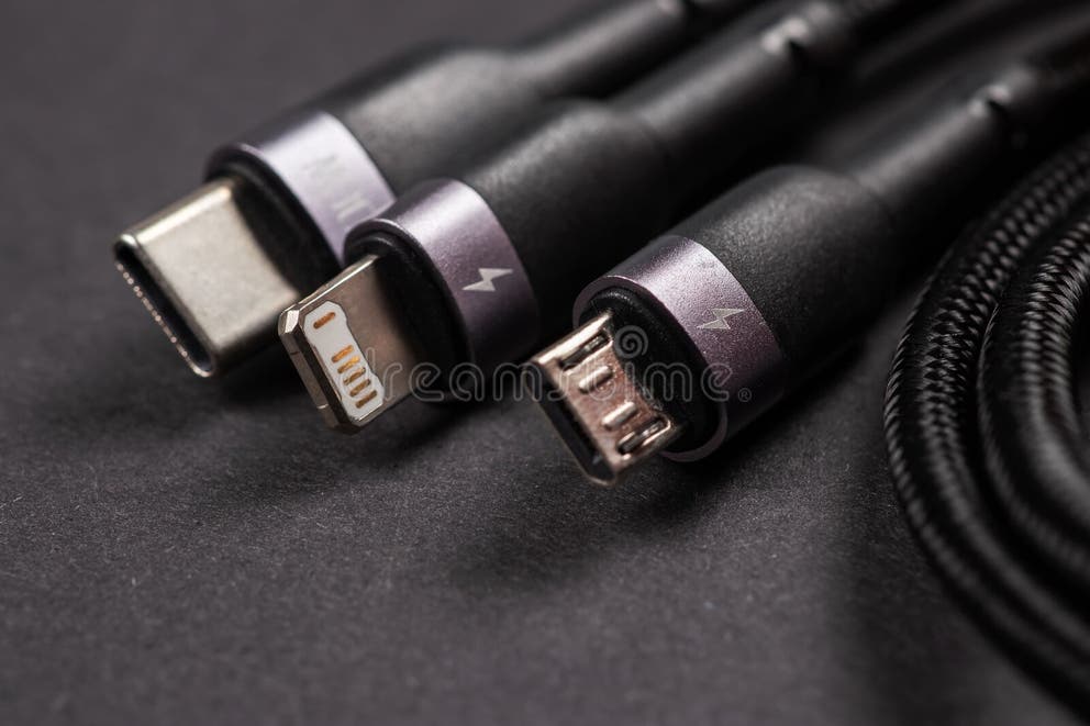Different USB Charging Plugs Isolated on Dark Background. USB Type C ...