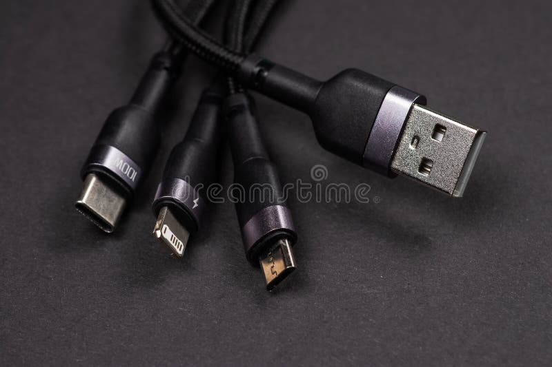Different USB Charging Plugs Isolated on Dark Background. USB Type C ...