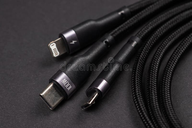 Different USB Charging Plugs Isolated on Dark Background. USB Type C ...