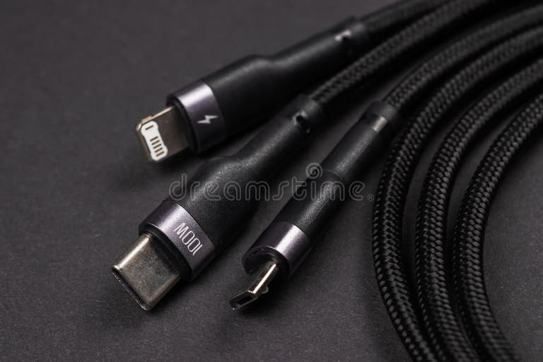 Different USB Charging Plugs Isolated on Dark Background. USB Type C ...