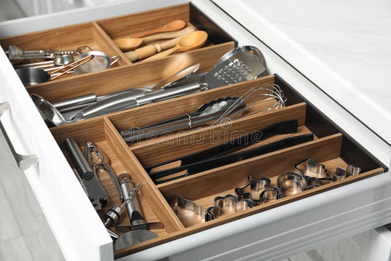 Different Utensils in Open Desk Drawer Stock Image - Image of design ...