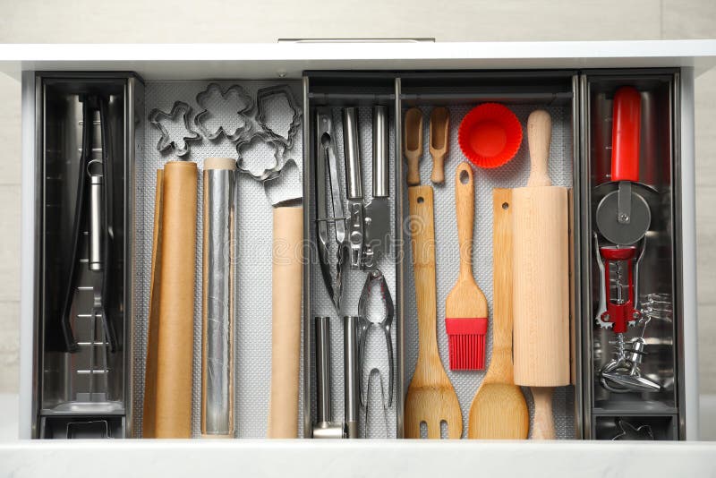 Different Utensils in Open Desk Drawer, Closeup Stock Image - Image of ...