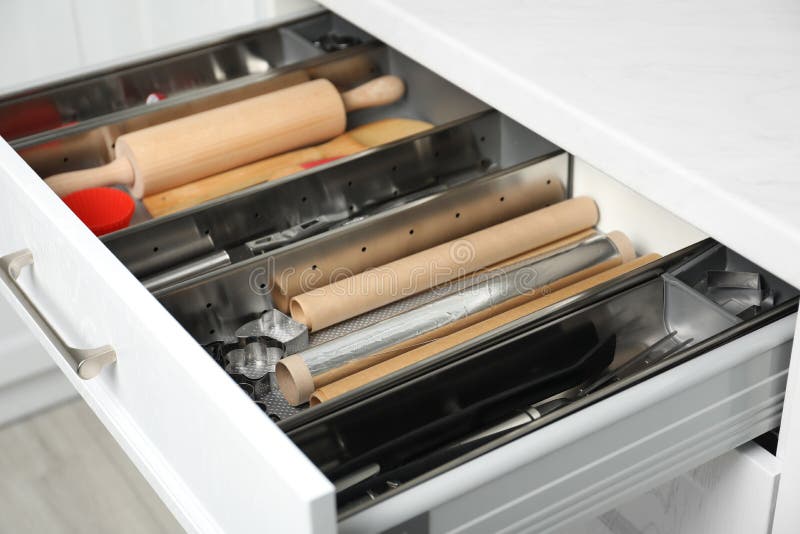 Different Utensils in Open Desk Drawer Stock Photo - Image of organize ...