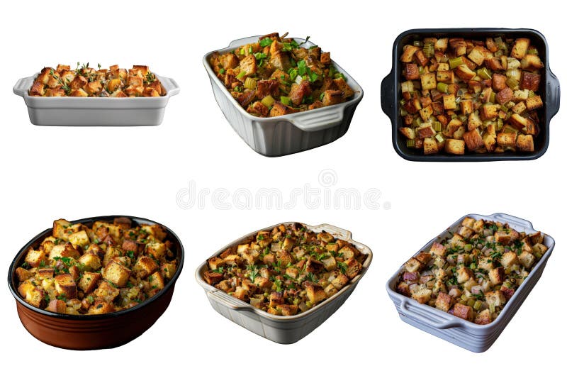 Different Variations of Savory Stuffing in Baking Dishes Stock Photo ...