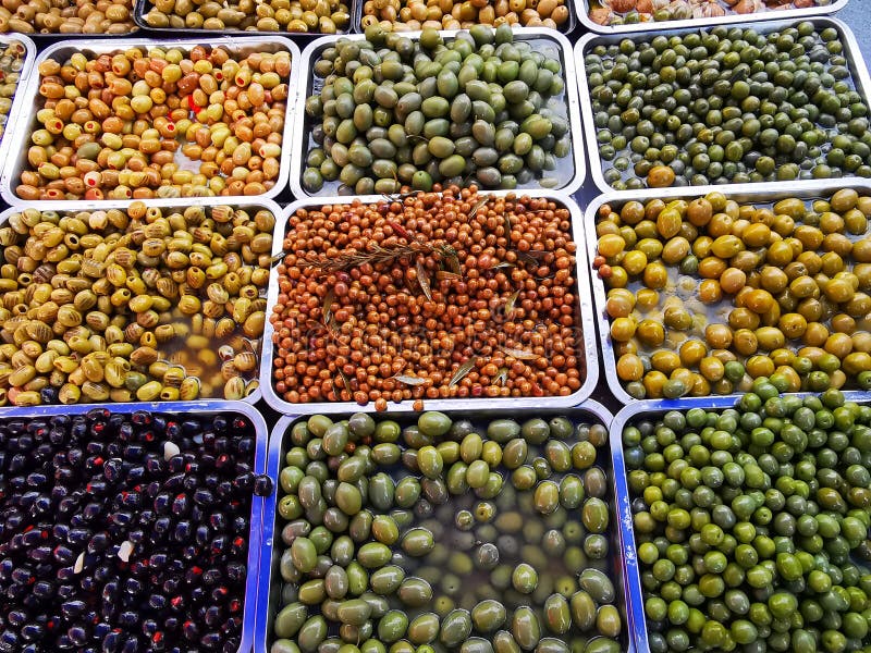 Different Varieties of Olives in Casseroles Stock Photo - Image of ...