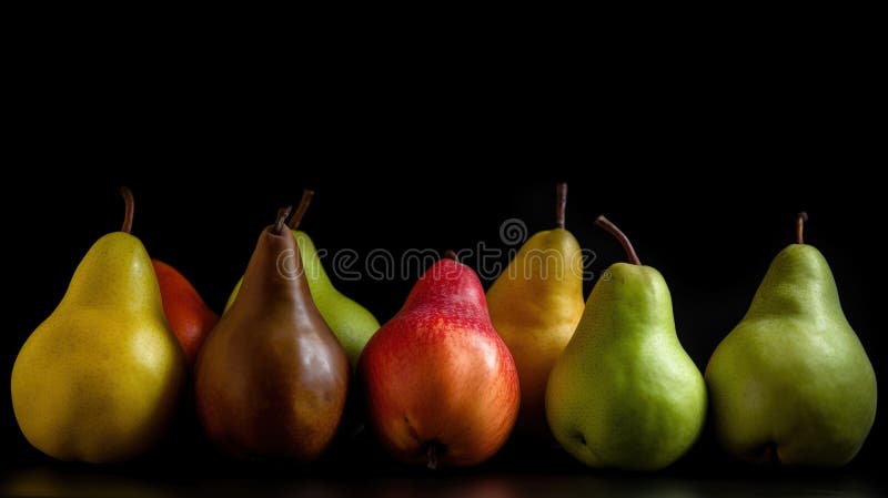 Different Varieties of Pears in a Row, Fresh Fruits, Black Background ...