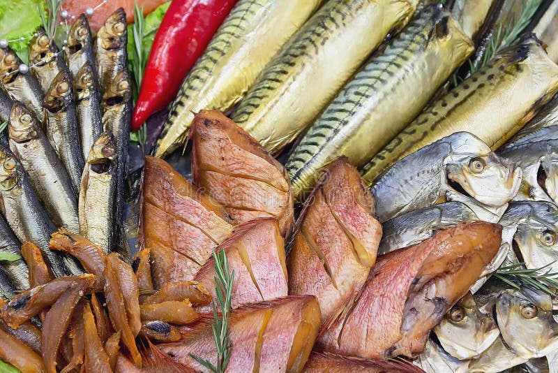 Different Varieties of Salted and Smoked Fish on the Counter of a Fish ...