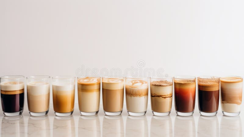 Different Various Types of Coffee in the Glass Arranged in Row on the ...