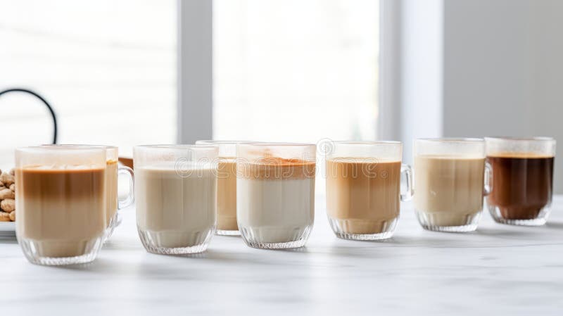 Different Various Types of Coffee in the Glass Arranged in Row on the ...