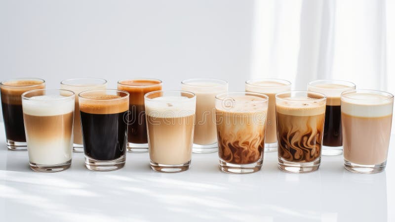 Different Various Types of Coffee in the Glass Arranged in Row on the ...