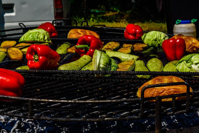 Different Vegetables Cooking on a Grill at Country Fair Stock Image ...
