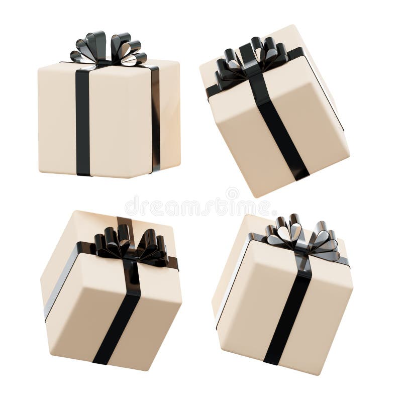Different Views of Beige Gift Box with Black Ribbon Isolated on White ...