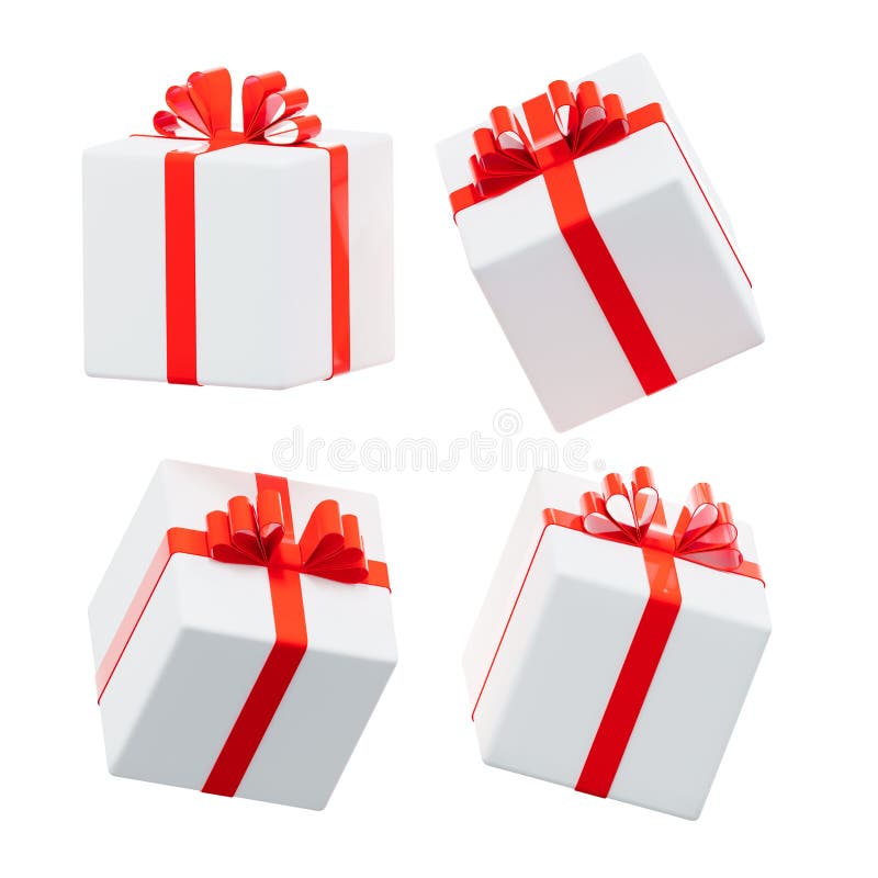 Different Views of White Gift Box with Red Ribbon Isolated on White ...