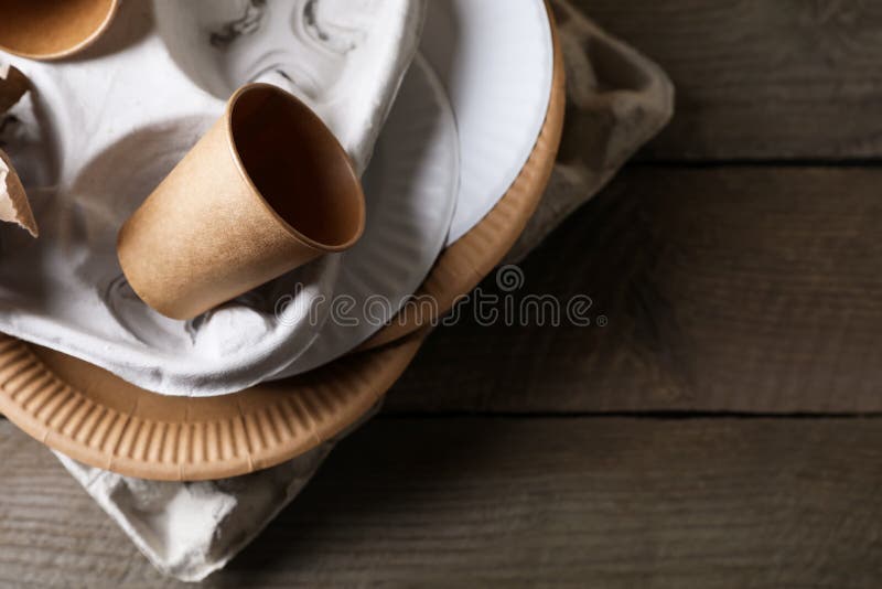Different Waste Paper on Wooden Table, Top View. Space for Text Stock ...