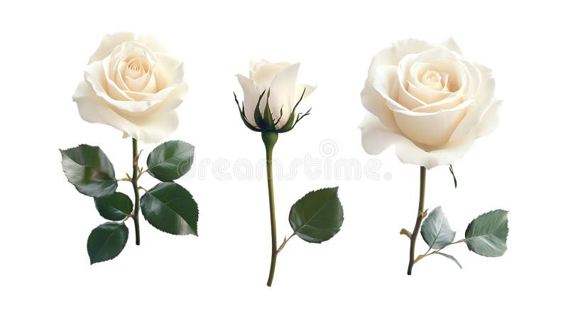 Different White Roses Set in Three Poses on Transparent Background for ...