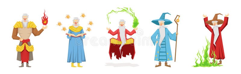 Different Wizard Male Character in Robe Do Spell Vector Set Stock ...