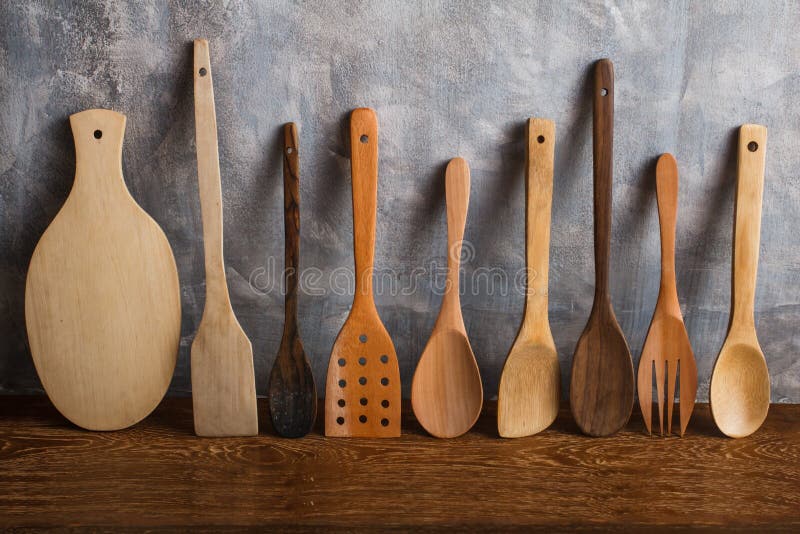 Different Wooden Kitchen Tools on the Table Stock Image - Image of ...