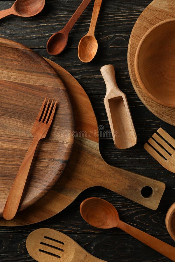 Different Wooden Kitchenware on Wooden Table, Top View Stock Photo ...