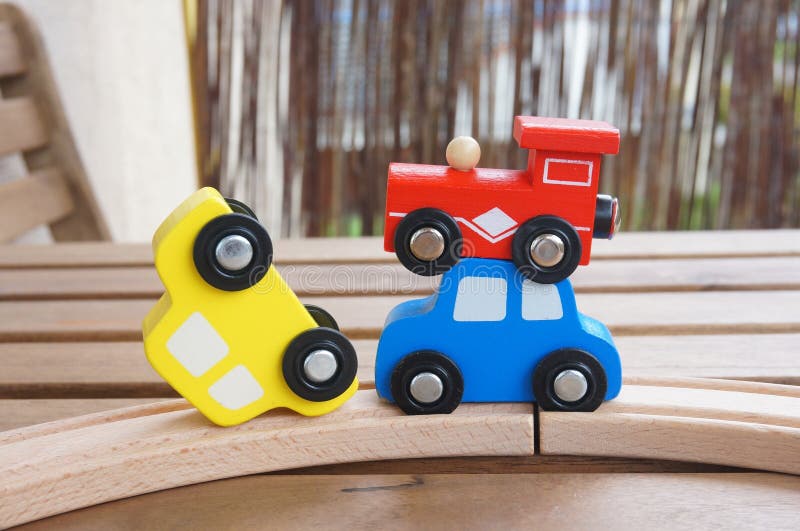 Different Wooden Toy Cars on Wooden Tracks Stock Image - Image of ...