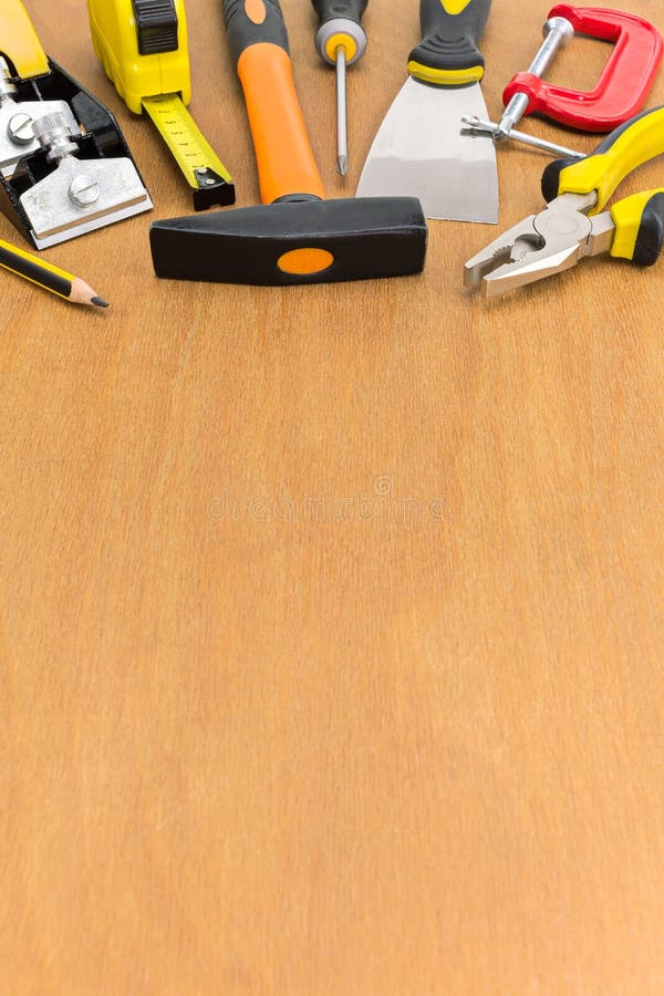 Different Work Tools on Wooden Background Stock Image - Image of pencil ...