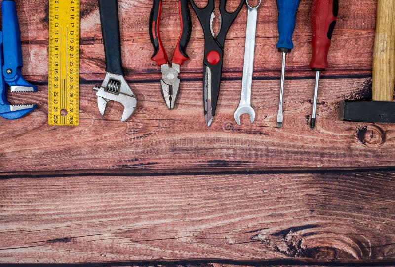 Different Work Tools on Wooden Desk Stock Image - Image of industry ...