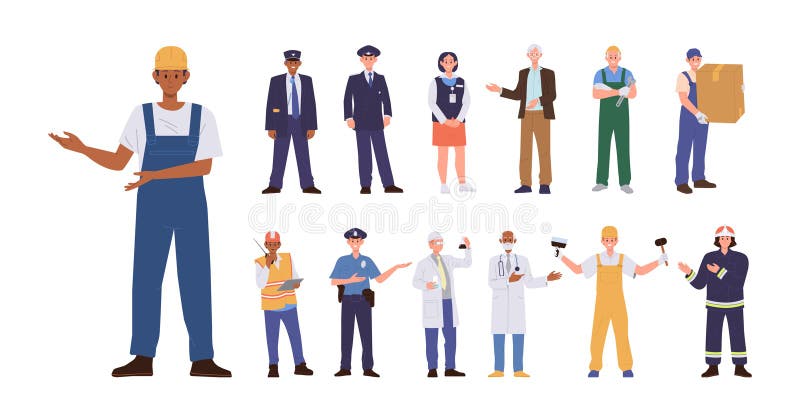 Different Workers Cartoon Characters Set with Builder, Pilot, Policeman ...