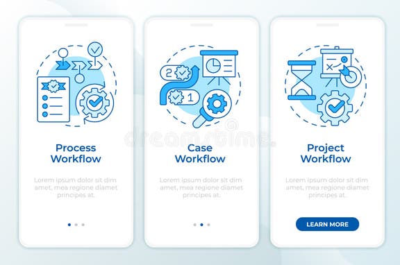 Different Workflows Blue Onboarding Mobile App Screen Stock ...
