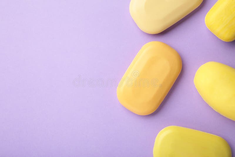 Different Yellow Soaps on Purple . a Lot of Solid Soap for Hygiene and ...