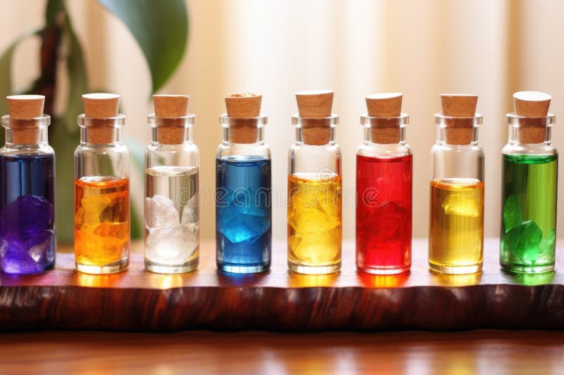 Differently Colored Chakra Healing Oils in Small Bottles Stock Photo ...
