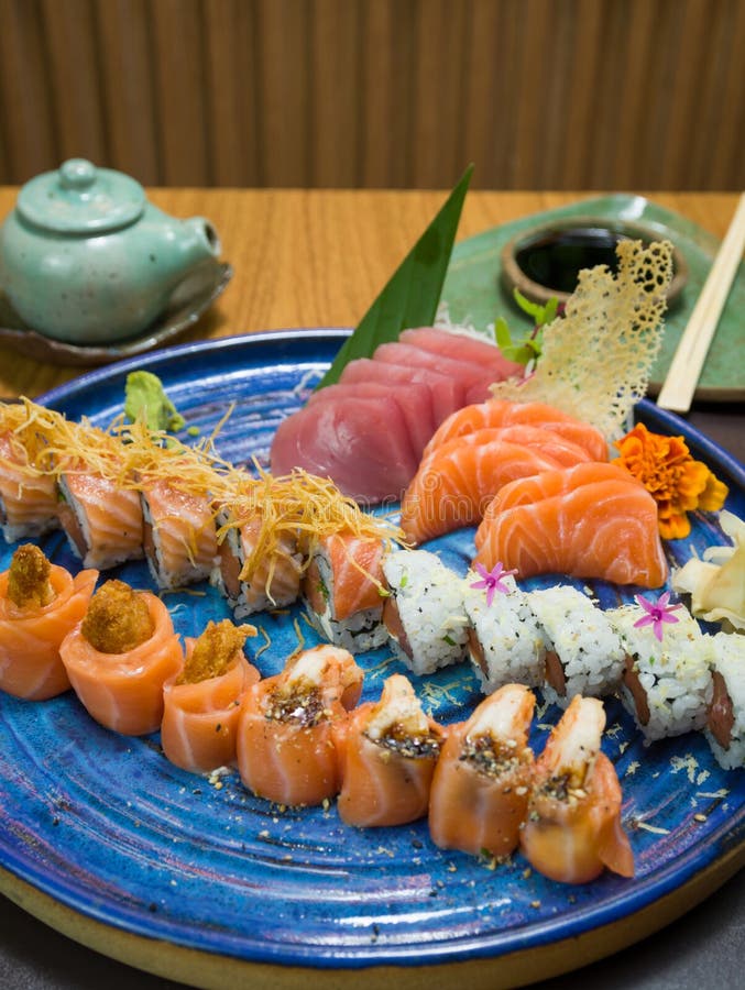 Differents Japanese Sushi on a Elegant Blue Plate Stock Image - Image ...