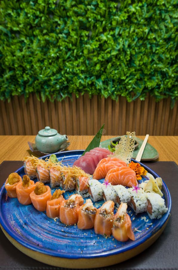 Differents Japanese Sushi on a Elegant Blue Plate Stock Image - Image ...