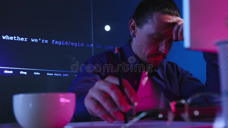 Difficult Task Concentrated Man Employee Programmer Writing Software Code Developing App